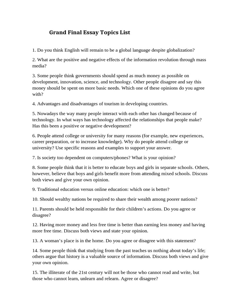 2023 Grand Final Essay Topics List | PDF | Cognition | Social Psychology