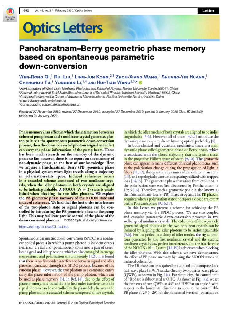 PB Geometric Phase Memory Based On SPDC | PDF | Nonlinear Optics ...