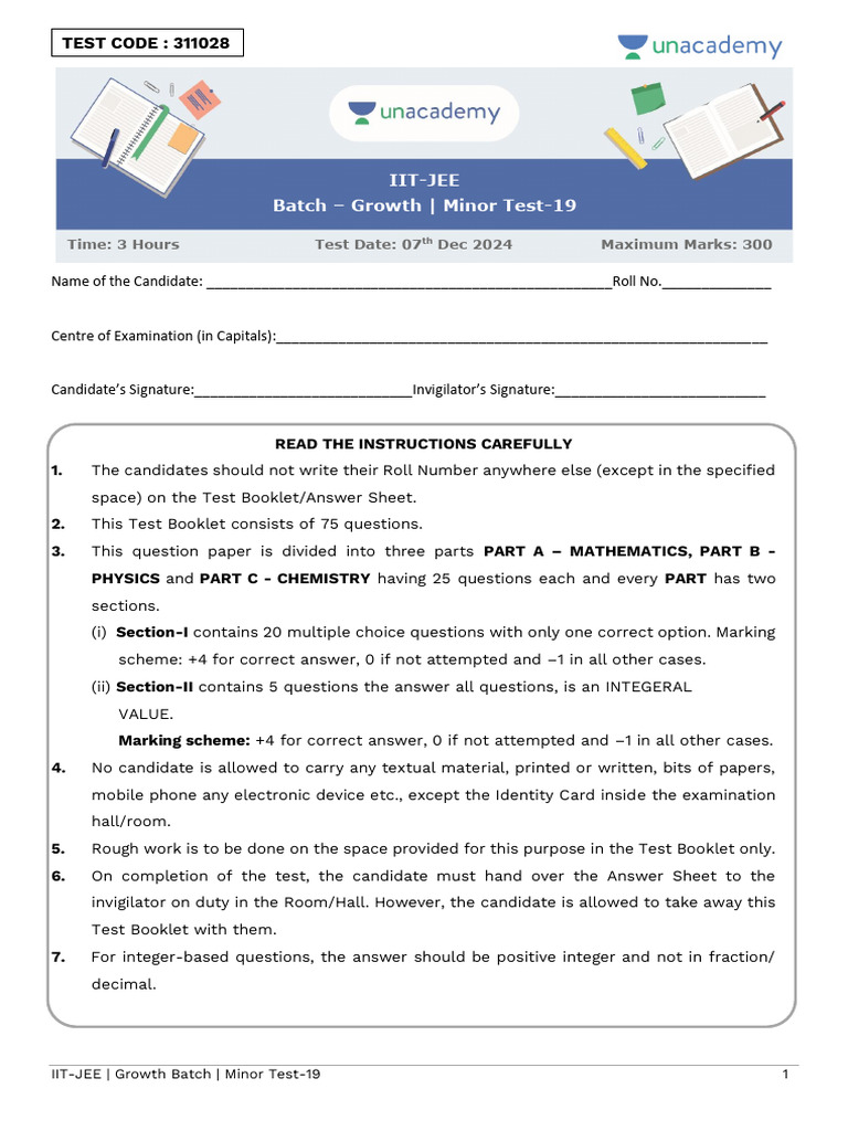 7-Dec-2024 - IIT JEE - TEST-19 - Growth - 311028 - Faculty | PDF ...