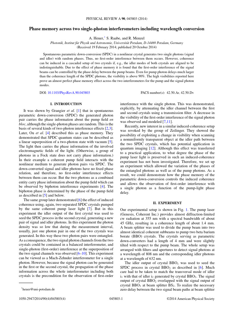 Phase Memory Across Two Single-Photon Interferometer | PDF ...