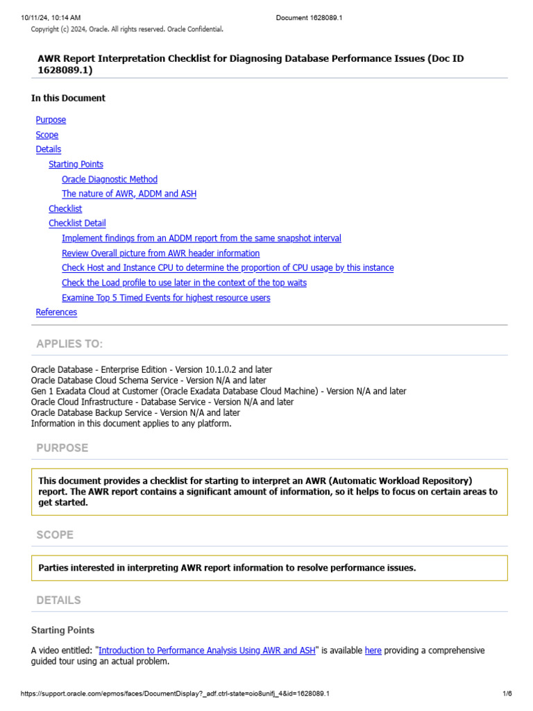 AWR Report Interpretation Checklist For Diagnosing Database Performance Issues (Doc ID 1628089.1 ...