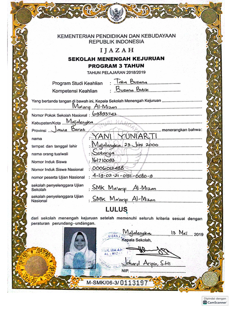 Ijazah SMK Yani | PDF
