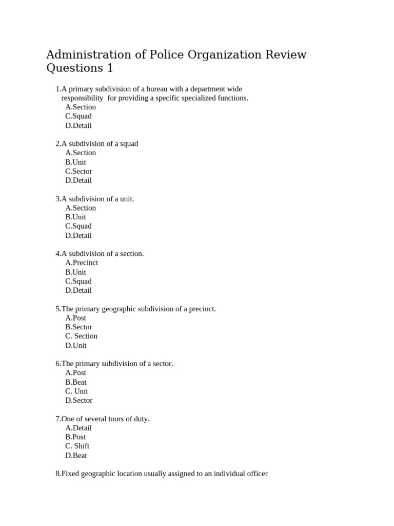 Administration of Police Organization Review Questions 1 (1) | PDF