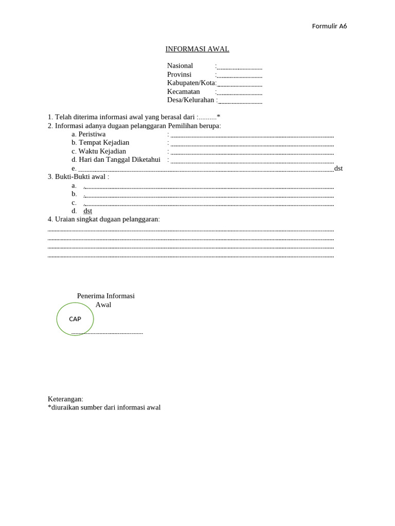 Informasi Awal Form A6 | PDF