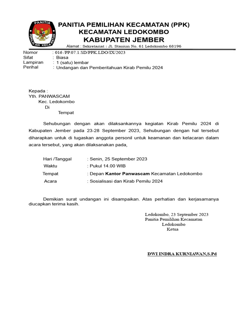 Undangan Kirab Pemilu 2024 Ledokombo | PDF