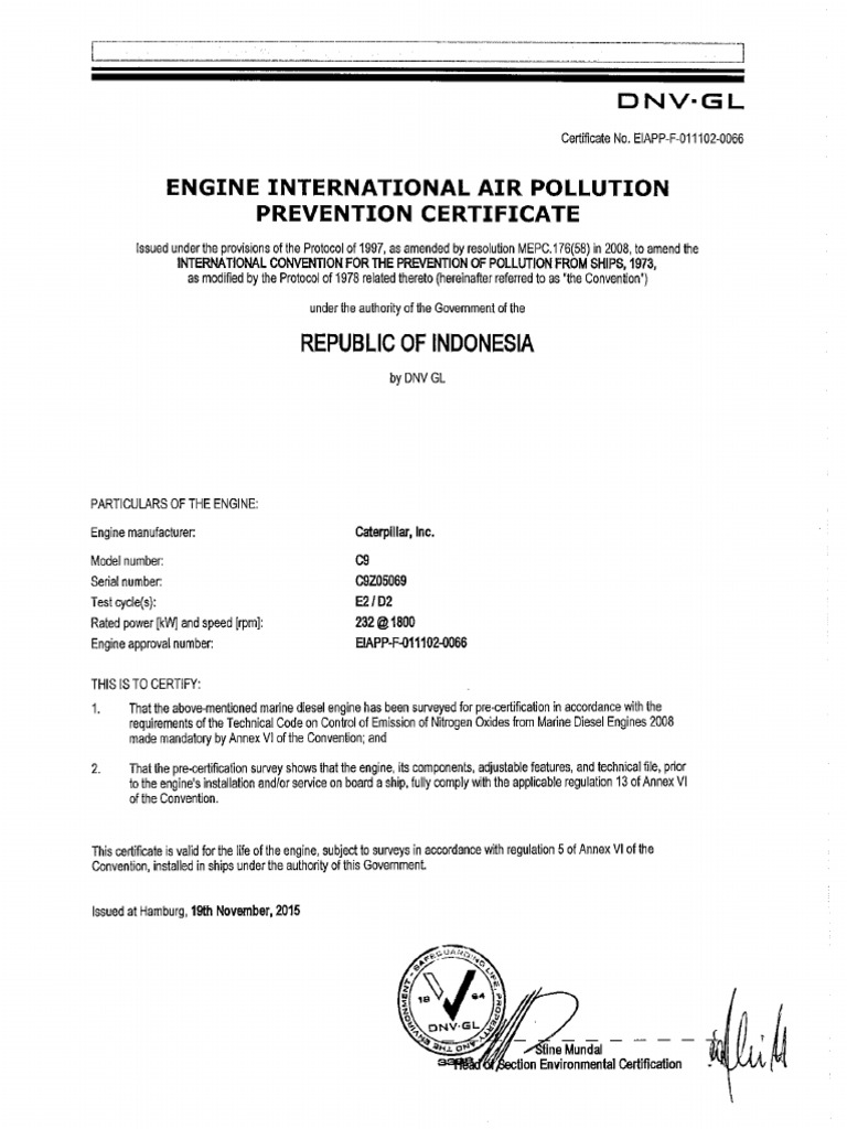 EIAPP Cert - 1xC9 - SN Engine C9Z05069 | PDF