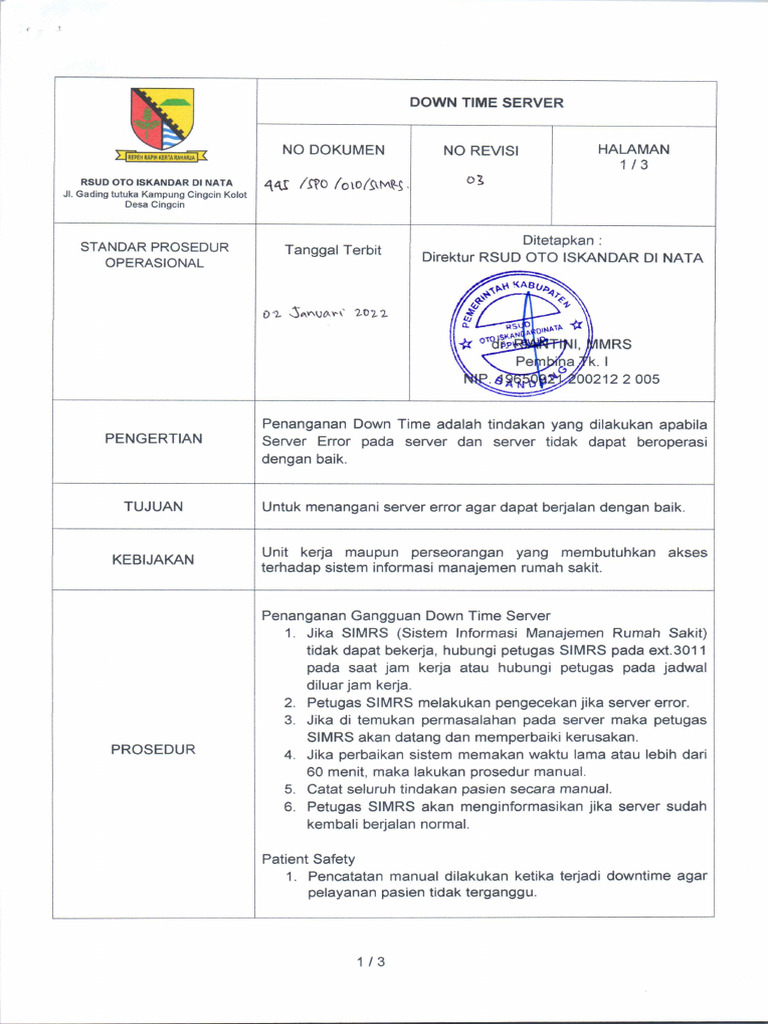 Sop Downtime Server Simrs | PDF