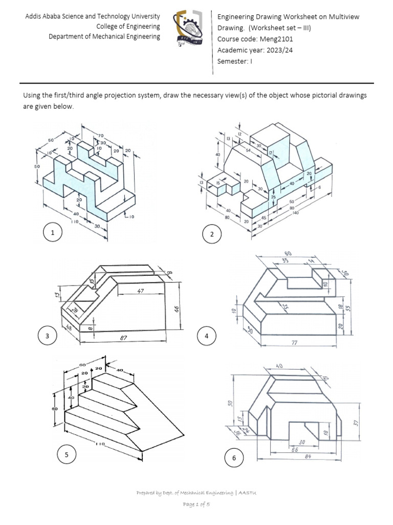 AASTU - Multiview Drawing - Worksheet - Set 03 | PDF