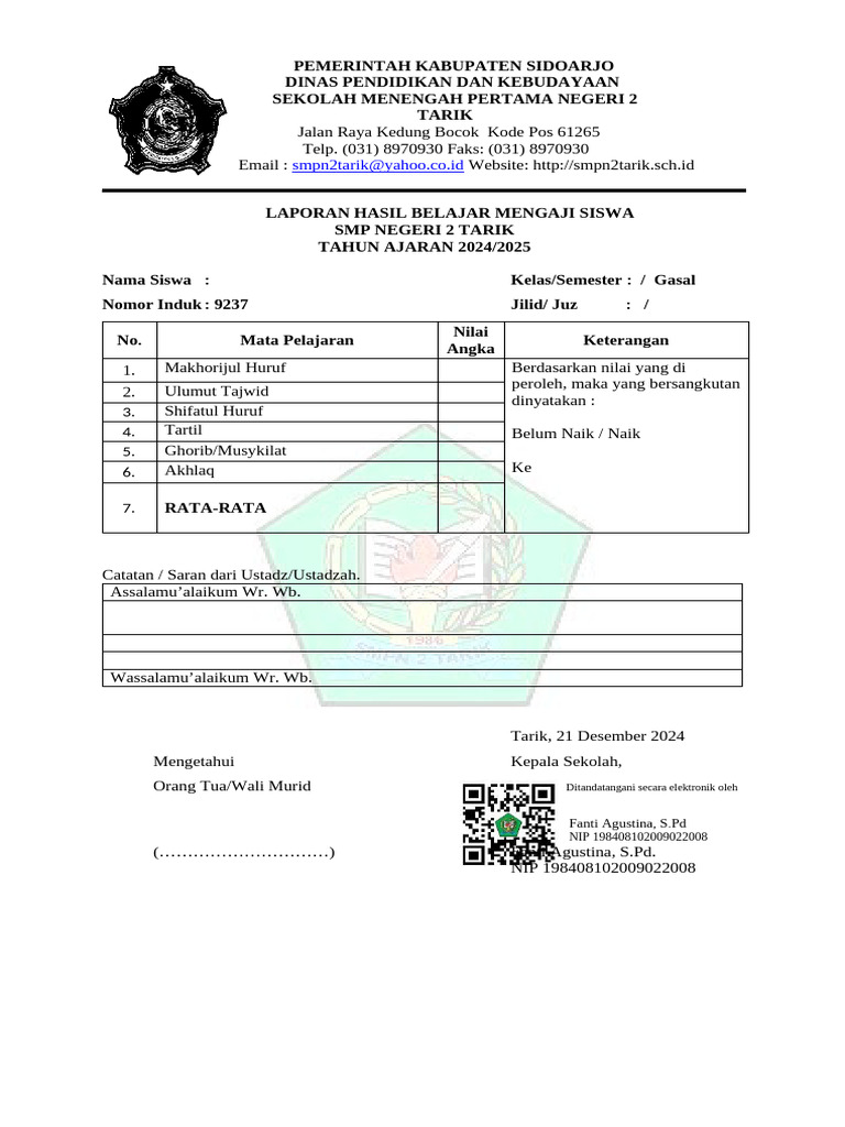 Format Rapor Mengaji | PDF