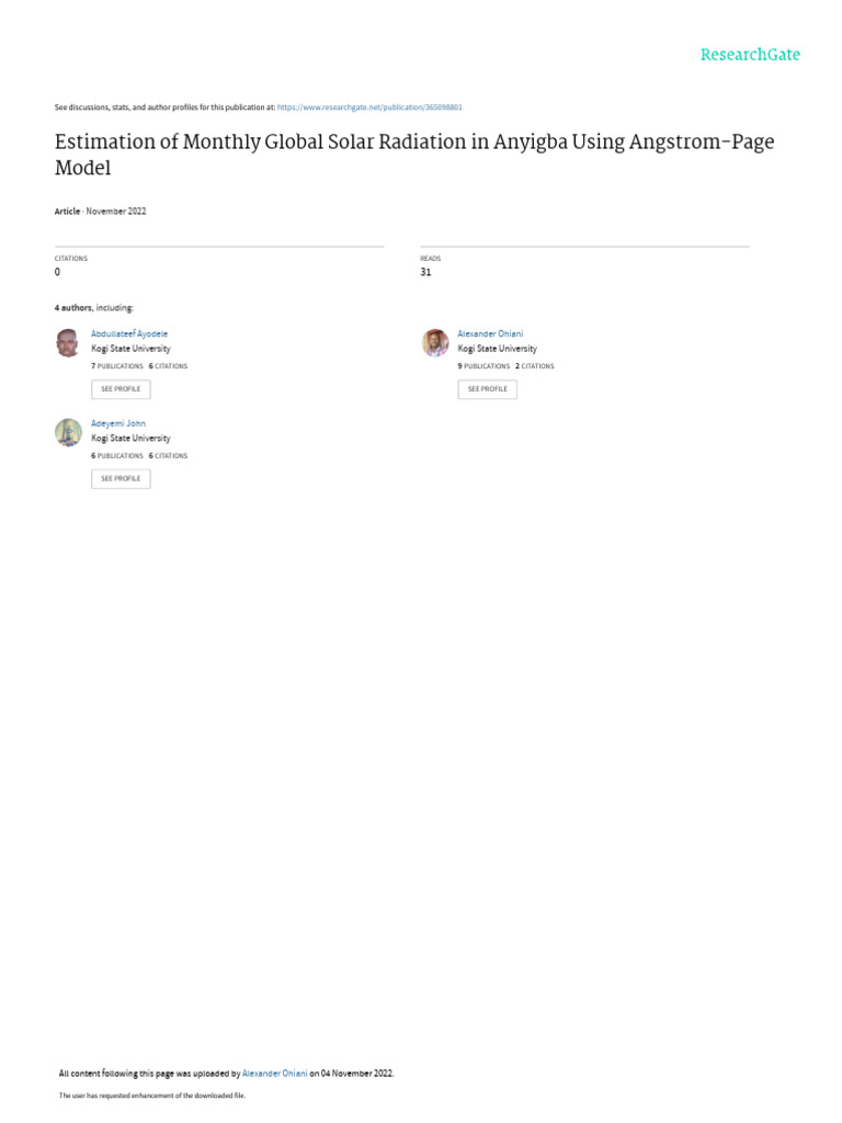 Estimation of Monthly Global Solar Radiation in Anyigba Using Angstrom ...