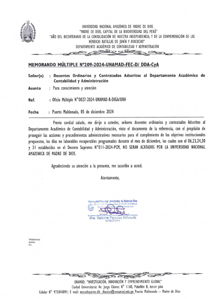 MEMORANDO MULTIPLE N°209-2024-UNAMAD-FEC-D-DDA-CYA | PDF