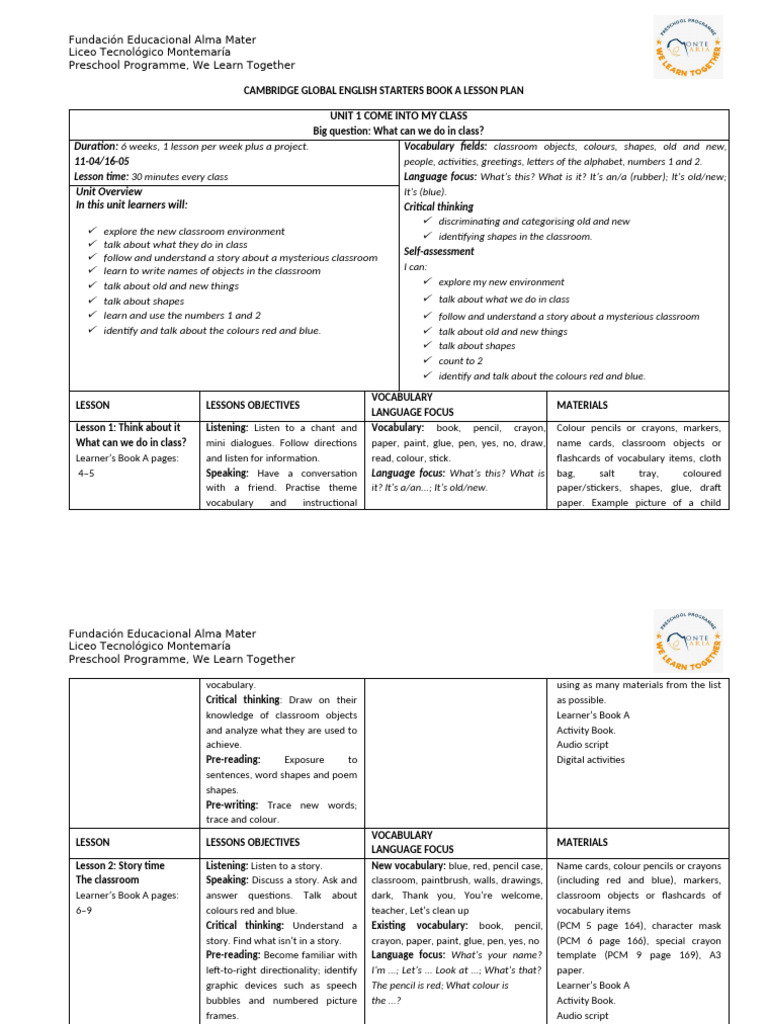 Lesson Plan Unit 1 | PDF | Vocabulary | Flashcard