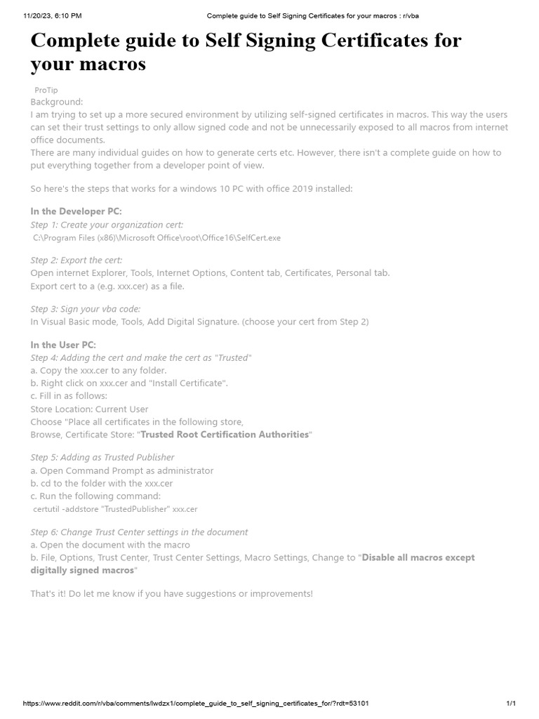 Complete Guide To Self Signing Certificates For Your Macros - R - Vba | PDF