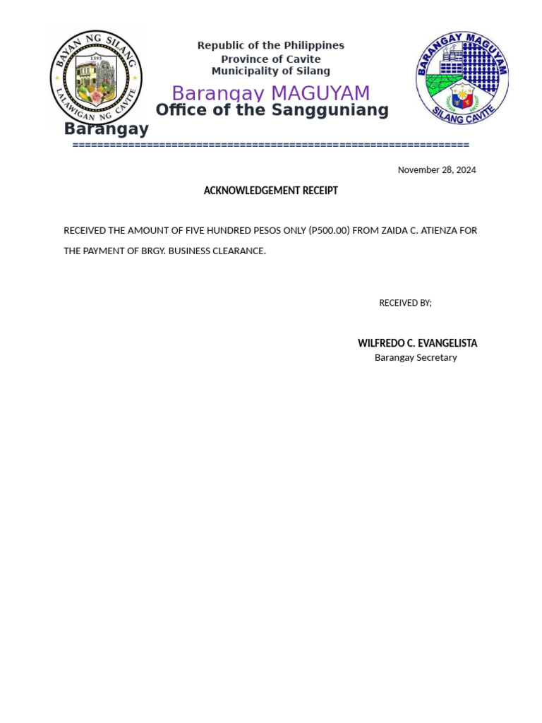 Barangay Business Clearance Receipt | PDF