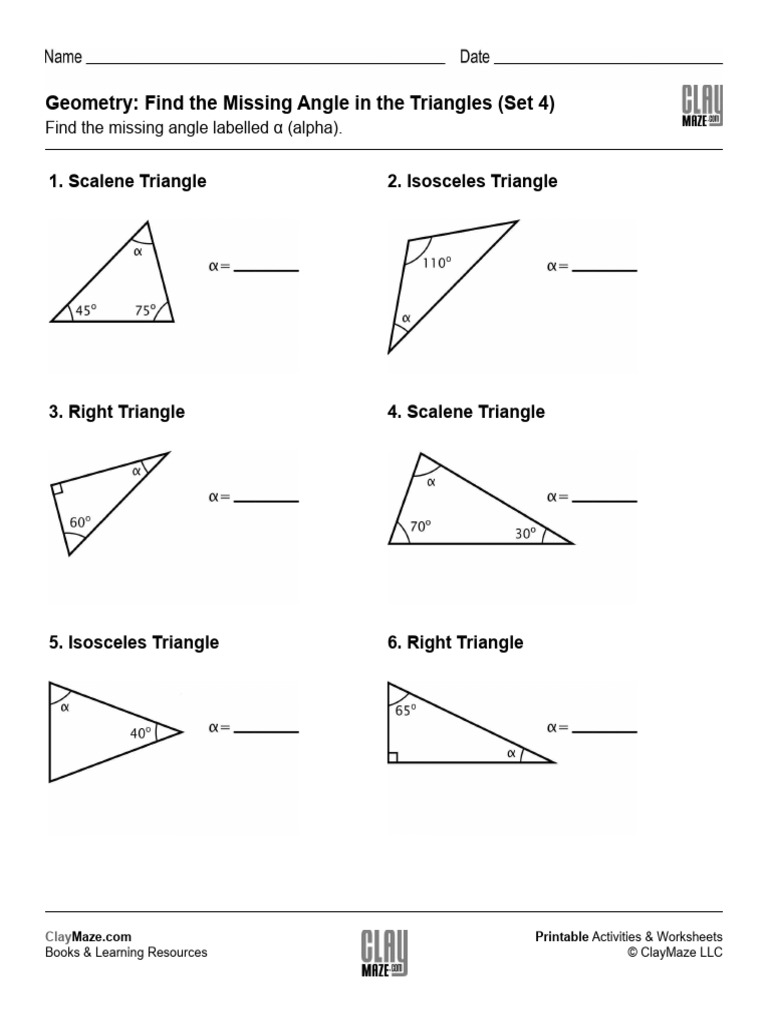 Geometry Find the Missing Angle in the Triangle Set 4 | PDF