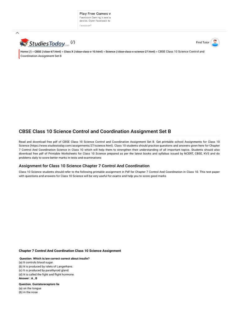 CBSE Class 10 Science Control and Coordination Assignment Set B | PDF | Hormone | Endocrine System