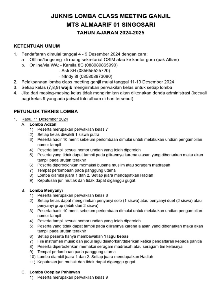 Juknis Lomba Class Meeting Ganjil 2024-2025 | PDF