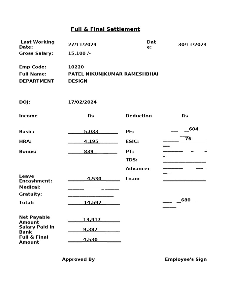 Full n Final Settlement | PDF