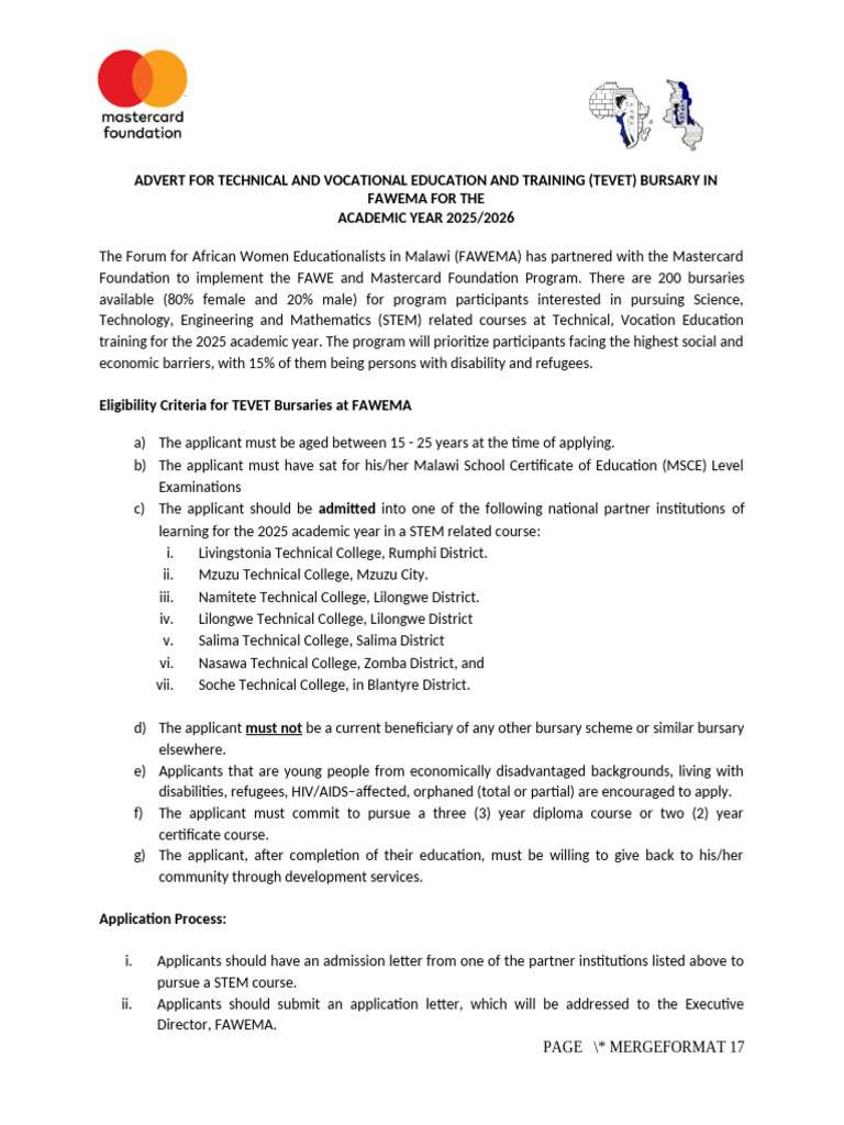 Fawe Malawi Advert and Appication Form For Tvet Students Bursary 2025 Intake | PDF | Identity ...