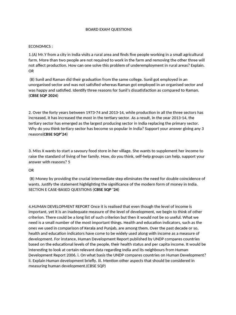 BOARD EXAM QUESTIONS SQP Econmics | PDF | Economies