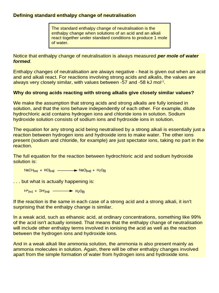 Defining Standard Enthalpy Change of Neutralisation | PDF | Acid | Chemical Reactions