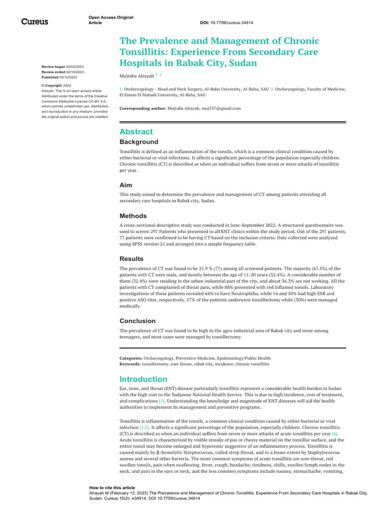 The Prevalence and Management of Chronic Tonsillit | PDF | Medicine ...