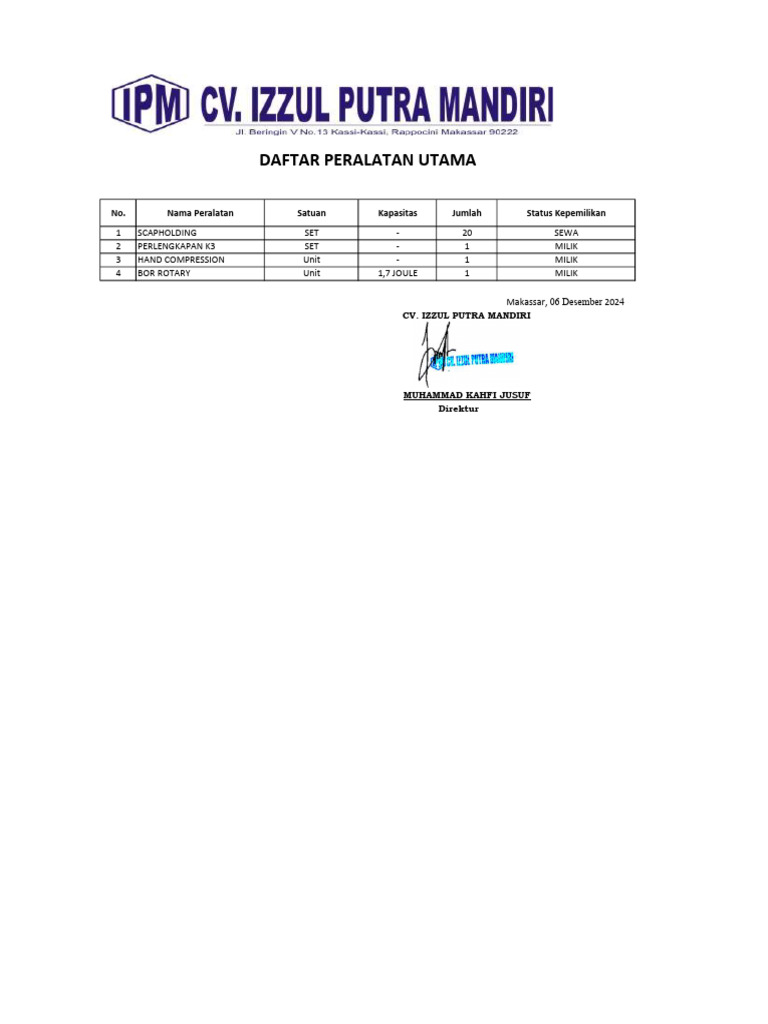 Daftar Isian Peralatan Utama | PDF