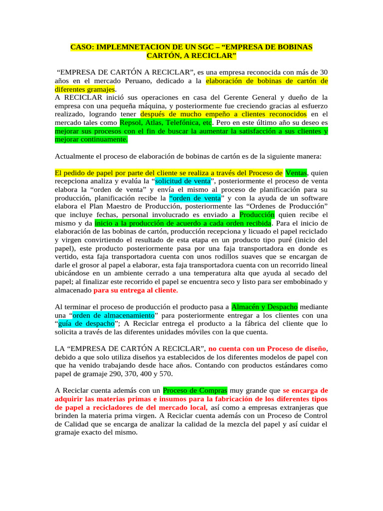 CASO PROCESOS | PDF | Papel | Cartón