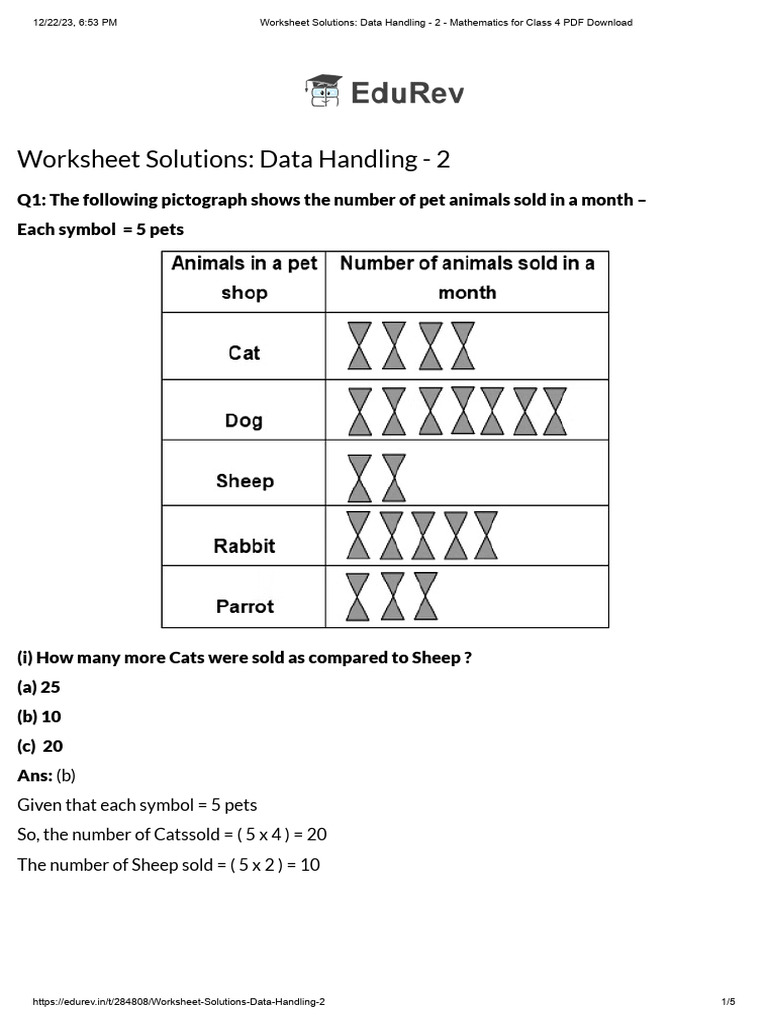 Worksheet Solutions - Data Handling - 2 - Mathematics For Class 4 PDF Download | PDF | Pet ...