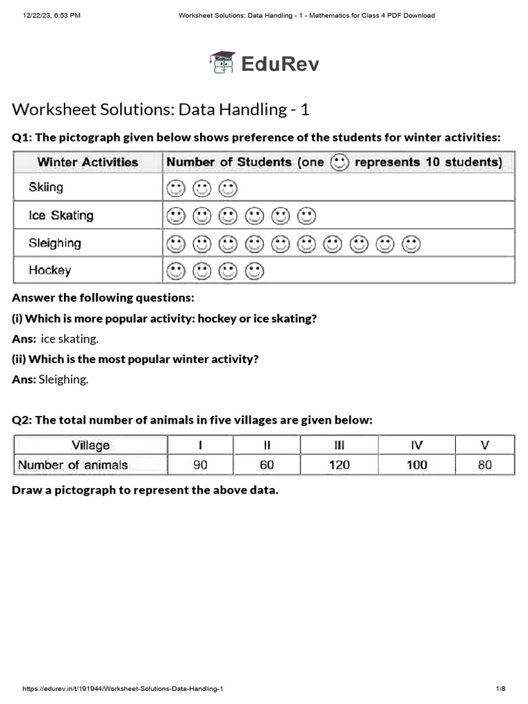 Worksheet Solutions - Data Handling - 1 - Mathematics For Class 4 PDF Download | PDF