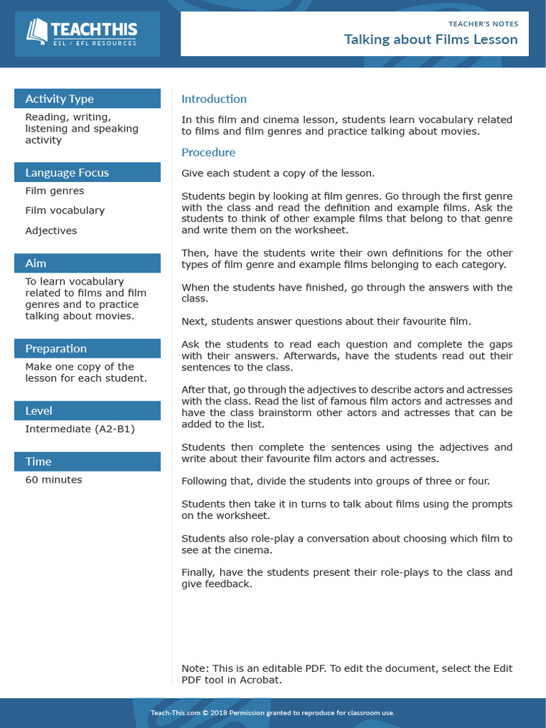 ESL Lesson: Talking About Films | PDF | English As A Second Or Foreign ...