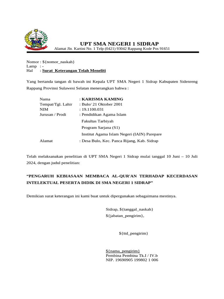 SURAT KETERANGAN TELAH MENELITI | PDF