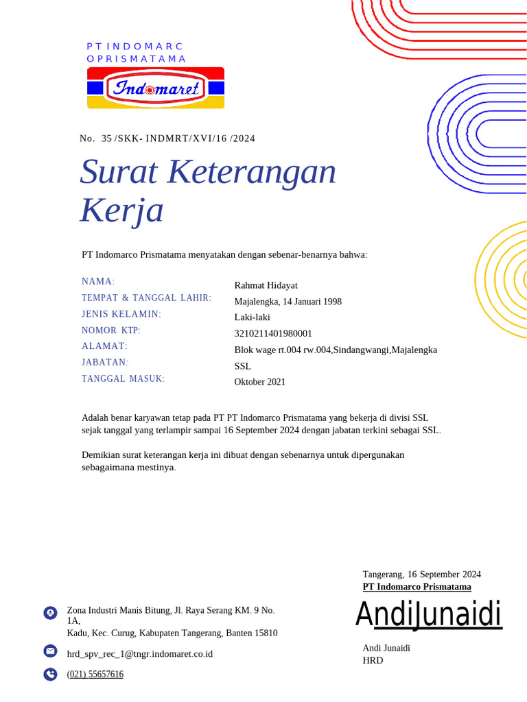 Surat Keterangan Kerja Rahmat Hidayat | PDF