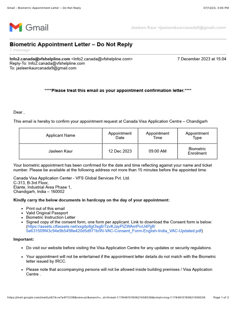 Gmail - Biometric Appointment Letter - Do Not Reply | PDF | Government ...