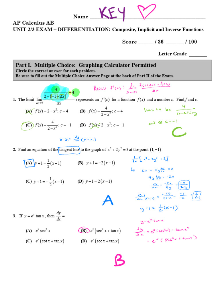 Unit 3 Exam_2024 KEY | PDF | Tangent | Function (Mathematics)