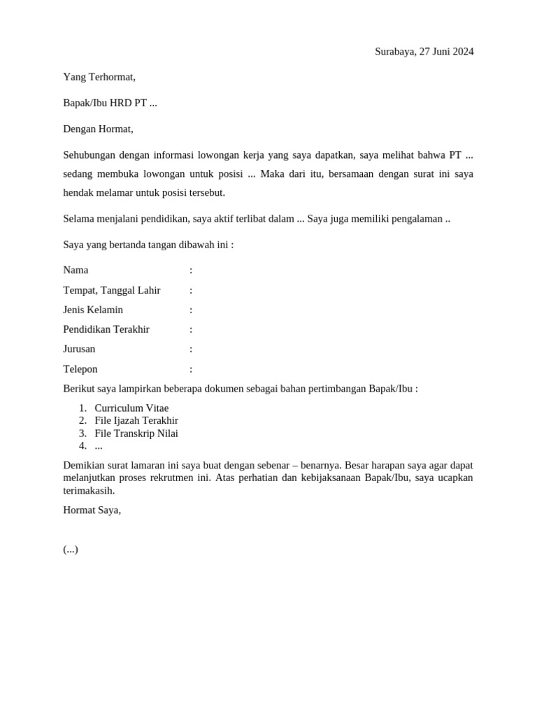 Surat Lamaran Template | PDF