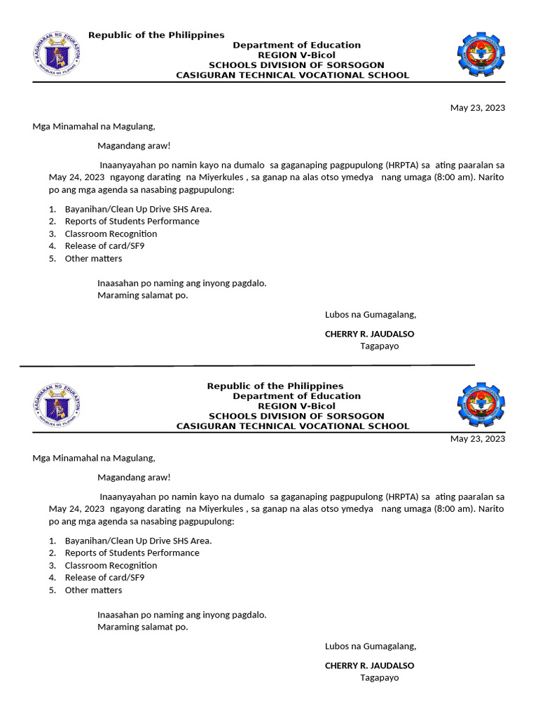 Letter For PTA Meeting 3rd Q | PDF