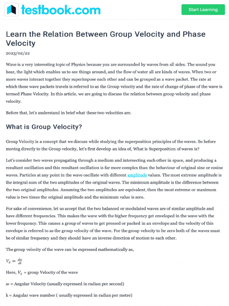 Physics Relation Between Group Velocity and Phase Velocity.pdf | PDF