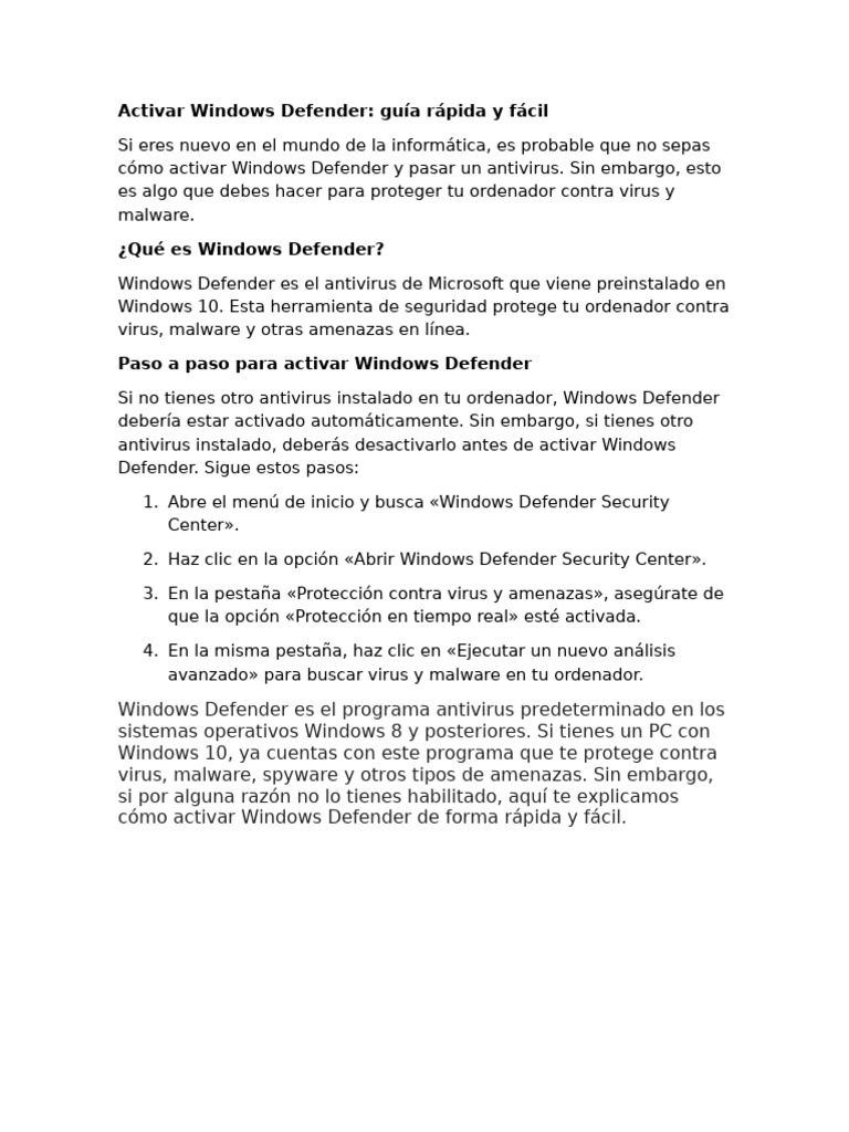 Guia Activar Windows Defender | PDF | Microsoft Windows | Virus de computadora