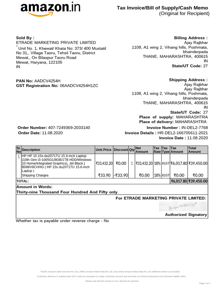 laptop-bill | PDF | Invoice | Value Added Tax