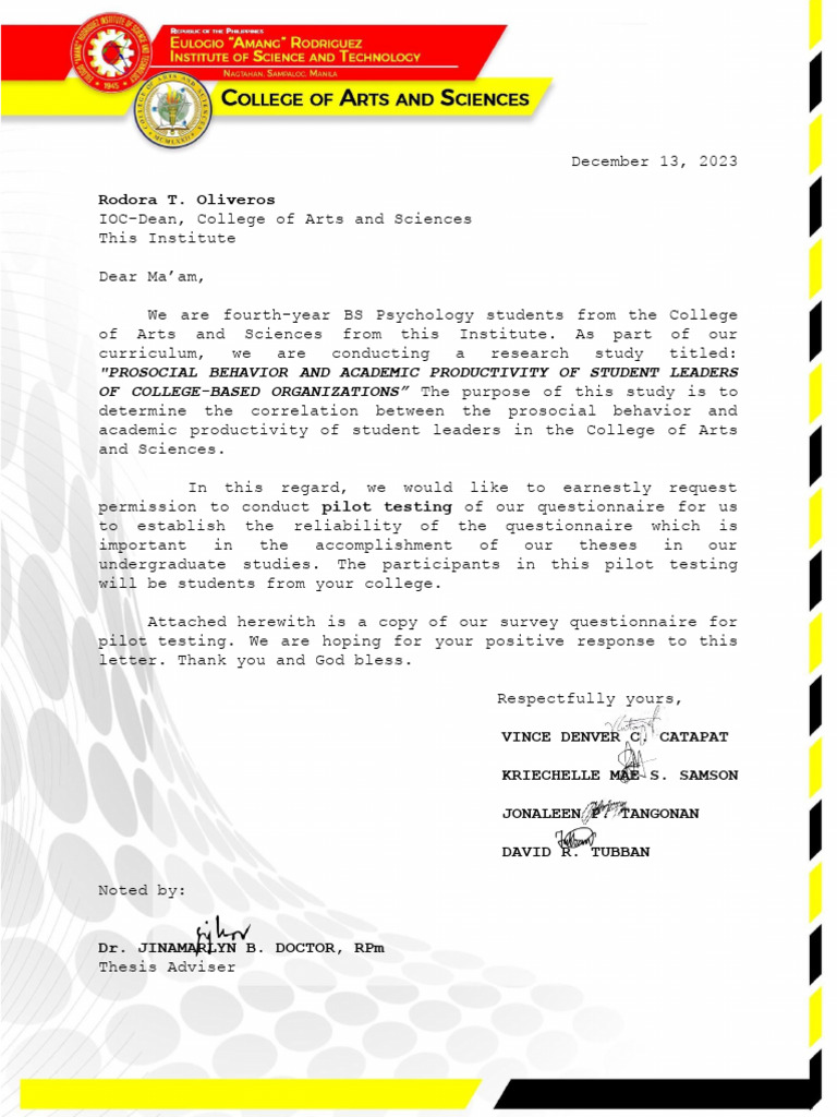 Letter For Pilot Testing Dean Cas | PDF