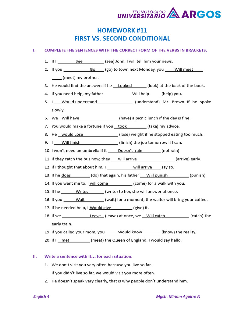 Homework #11 - First Vs. Second Conditional | PDF Homework #11 - First Vs. Second Conditional | PDF