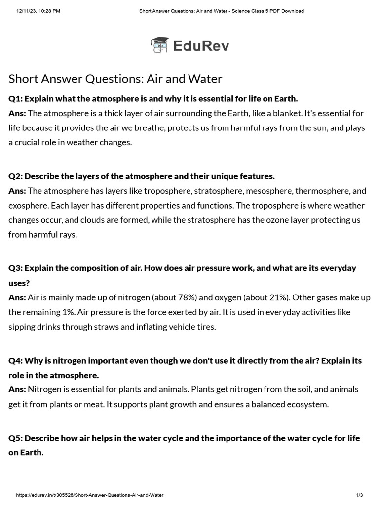 Short Answer Questions - Air and Water - Science Class 5 PDF Download ...