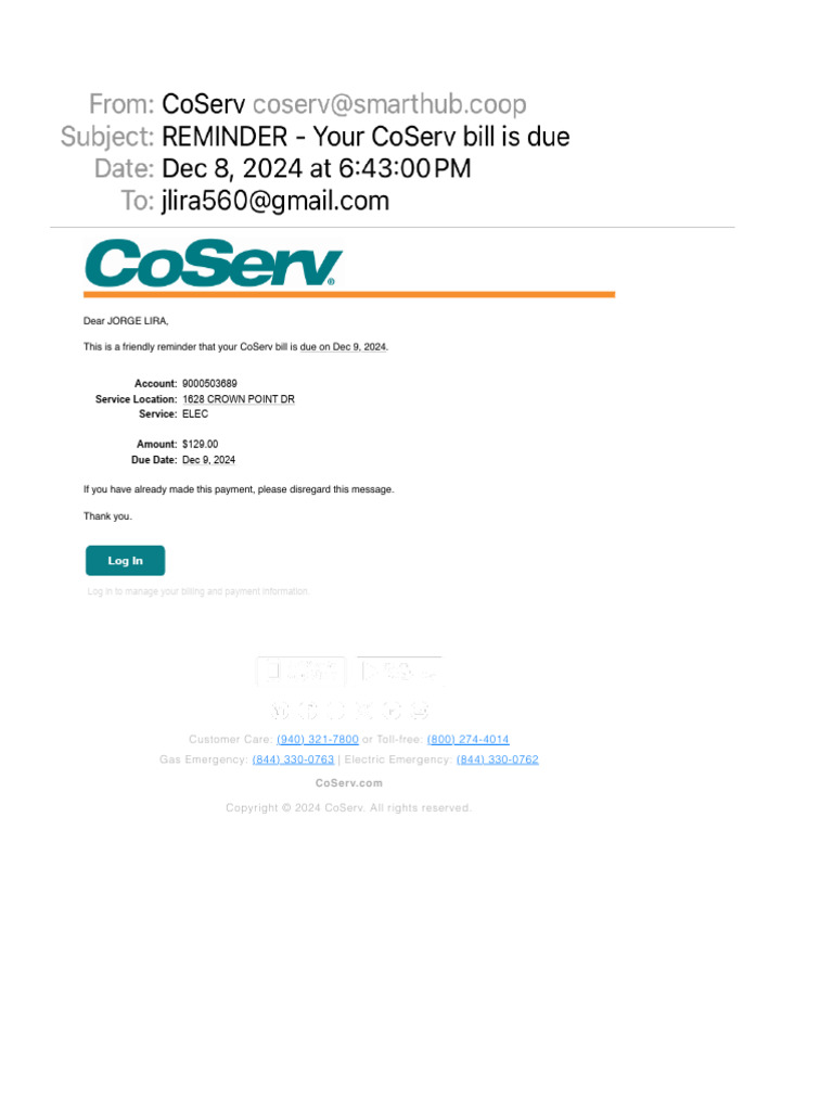 REMINDER - Your CoServ Bill Is Due | PDF