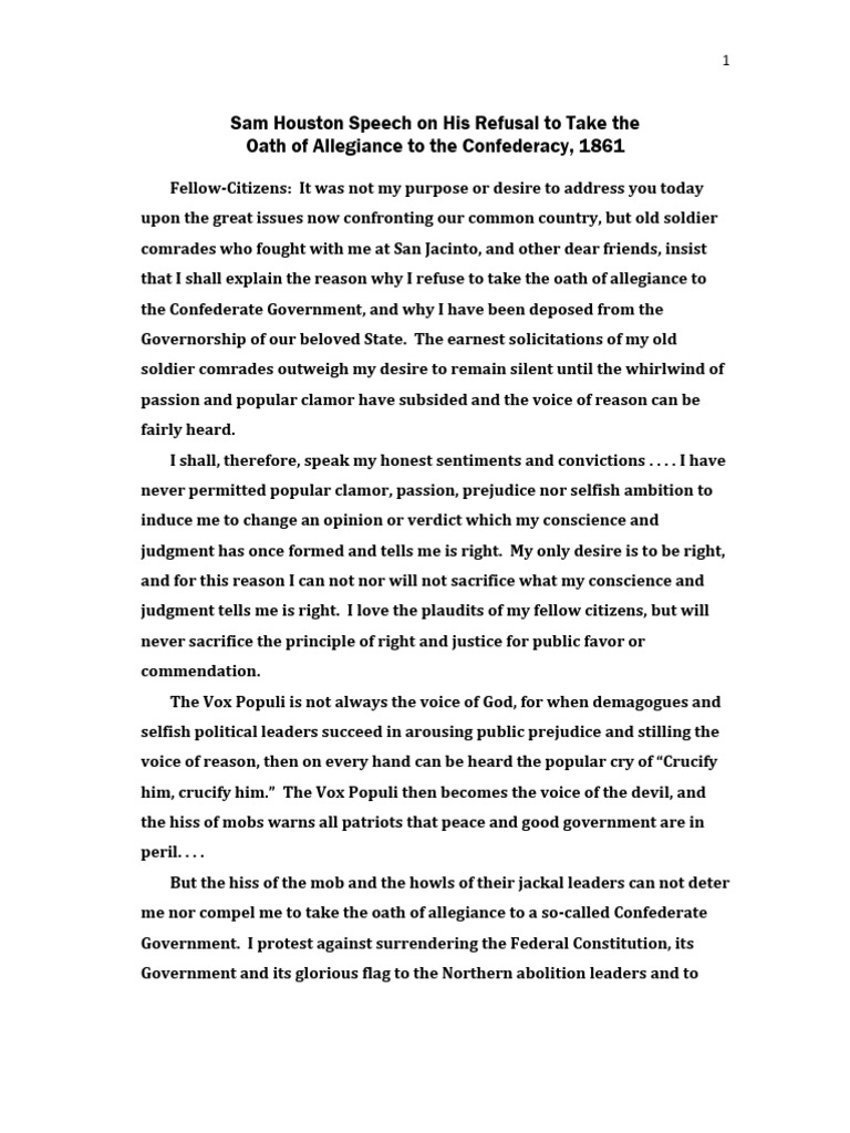 Reading 1 Sam Houston Speech 1861 | PDF | Confederate States Of America ...