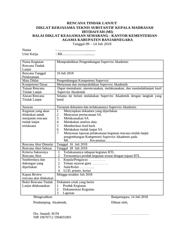 Rencana Tindak Lanjut Supervisi Akademis | PDF