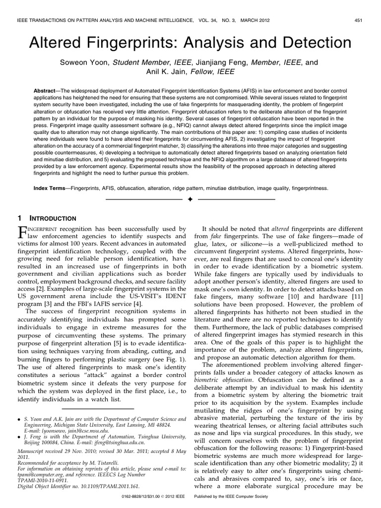 SEARCH 7 Altered Fingerprints Analysis and Detection | PDF | Fingerprint | Biometrics