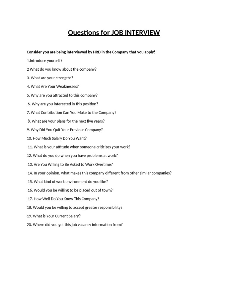 Questions For Job Interview | PDF