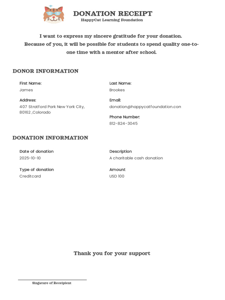 Receipt Happy Cat Foundation Donation | PDF