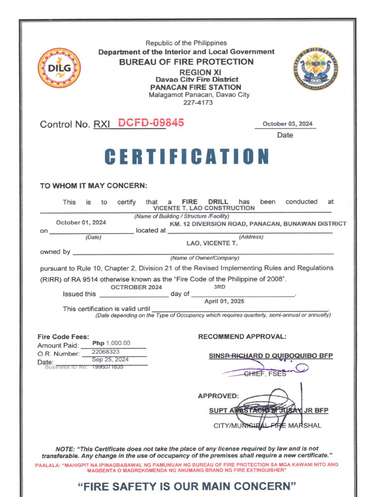 Fire Drill Certificate & Fire Safety Clearance | PDF
